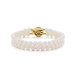 The Pearl Source Yellow Gold Plated 6.0-6.5mm AAAA Quality Round White Freshwater Cultured Pearl Double Strand Bracelet for Women