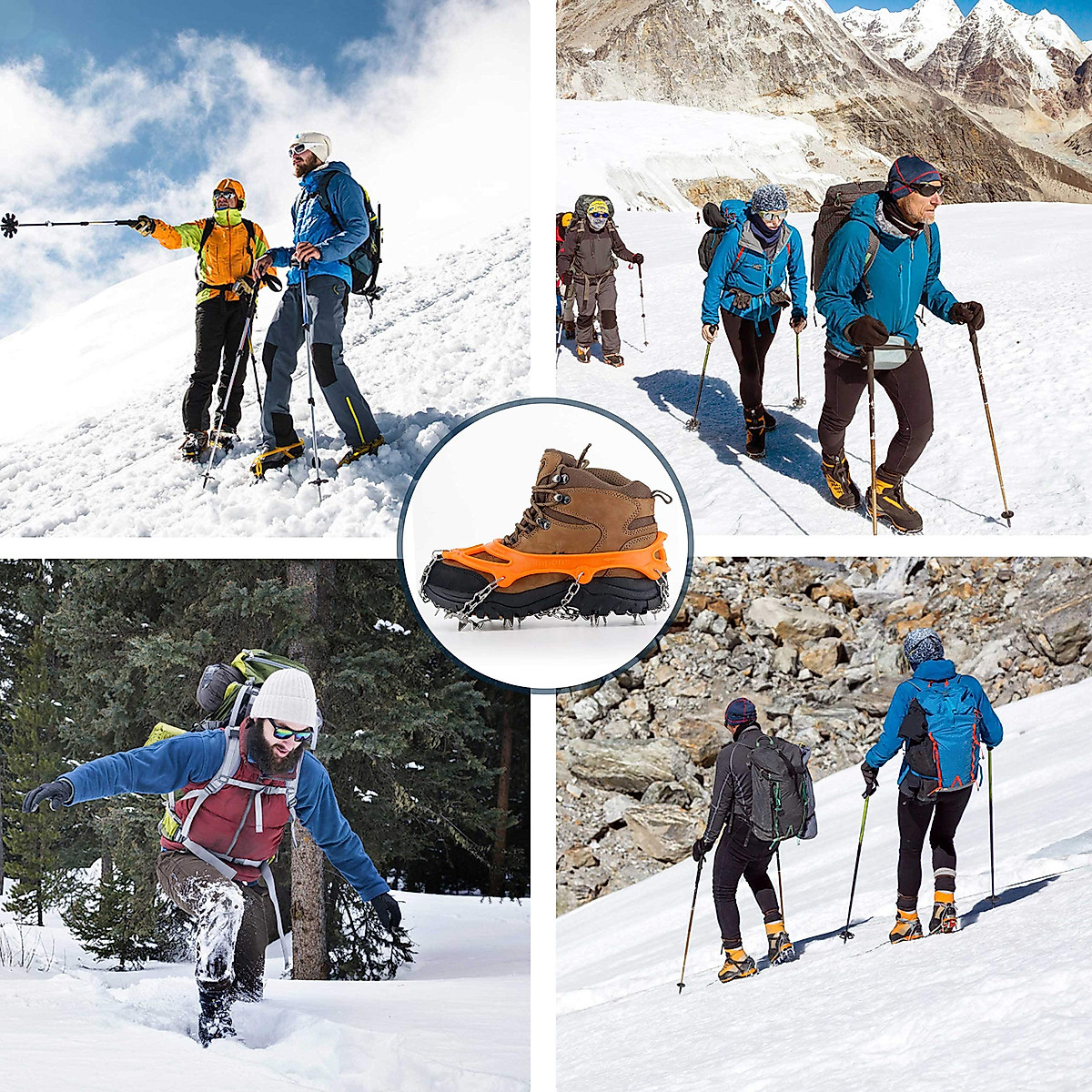 NewDoar Ice Cleats Crampons Traction,19 Spikes Stainless Steel Anti Slip Ice Snow Grips for Women, Kids, Men Shoes Boots, Safe Protect for Mountaineering, Climbing, Hiking, Walking, Fishing,(Orange,M)