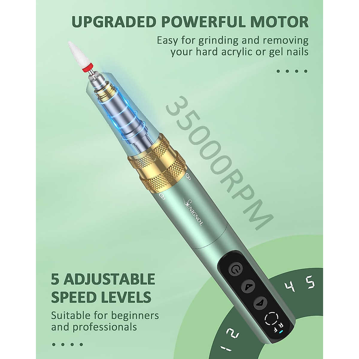 SENIGNOL Electric Cordless Nail Drill, 35000RPM Portable Nail Drill Machine for Gel Acrylic Nails, Rechargeable Nail File for Home Salon Manicure Pedicure and Polishing