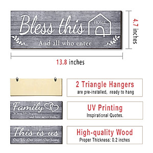 Joyhawk 4 Pieces Wall Decor Signs, THIS IS US, TOGETHER, BLESS THIS HOME, FAMILY Rustic Wooden Farmhouse Wall Art Décor For Living Room Bedroom Kitchen, , 4.7 x 13.8 Inch(Grey)