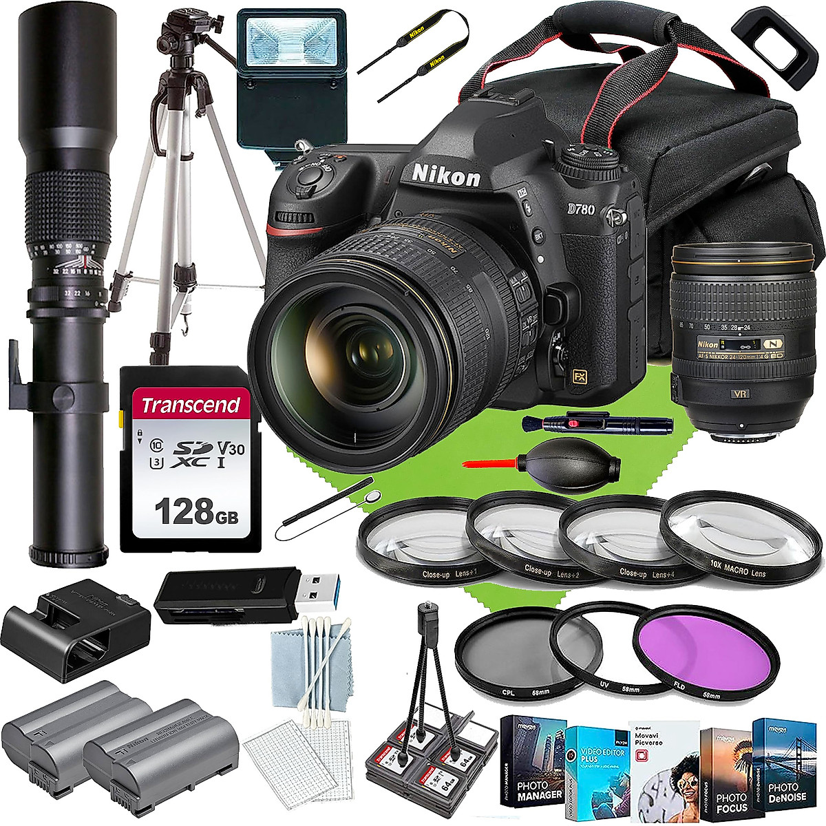 Nikon D780 DSLR Camera with 24-120mm Lens+Case+Case+128 GIG Memory+Grip Tripod+Photo Software+Commander Starter Kit(27PC) Bundle (Renewed)