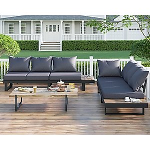 PaPaJet Aluminum Patio Conversation Set with Adjustable Backrest, 6 Piece Modern Outdoor Furniture Set with Wood Side Table for Backyard Poolside Porch, Gray