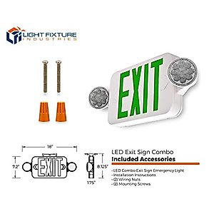 LFI Lights | Combo Green Exit Sign with Emergency Lights | White Housing | All LED | Two Adjustable Round Heads | Hardwired with Battery Backup | UL Listed | (2 Pack) | COMBOJR2-G