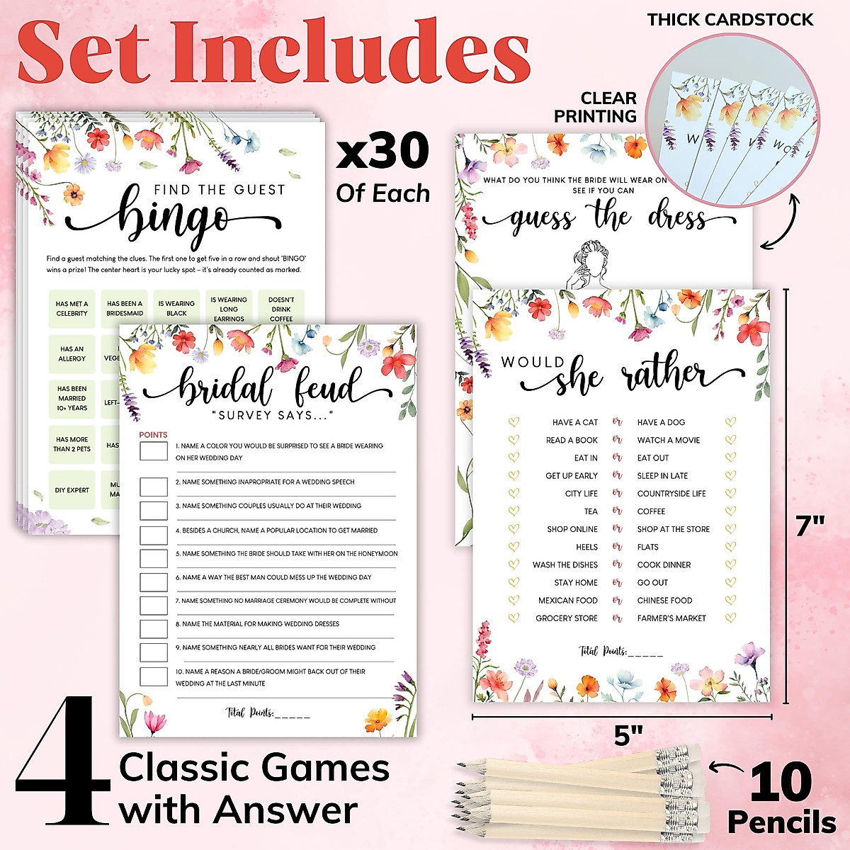 STOFINITY Hilarious Bridal Shower Games 30 Guests - Set Of 4 Couples Wedding Shower Games For Wildflower Bridal Shower Decorations, Fun Bridal Shower Bingo Game Cards, Floral Bridal Party Games (5x7)