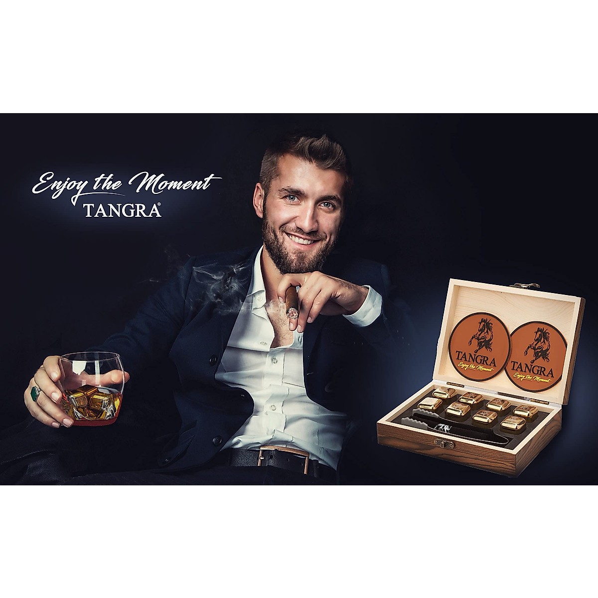 Whiskey Stainless Steel Stones Gift Set of 8 Golden Ice Cubes. Reusable Chilling Rocks in Wooden Box Ideas for Men Dad Groomsman Husband Wedding Father's Day Birthday Anniversary