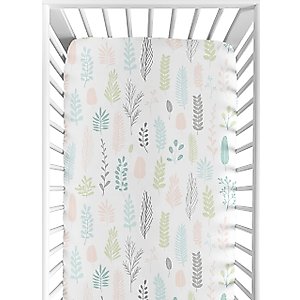 Sweet Jojo Designs Pink and Grey Tropical Leaf Girl Baby or Toddler Nursery Fitted Crib Sheet - Blush, Turquoise, Gray and Green Botanical Rainforest Jungle Sloth Collection