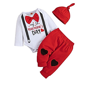 ODIMAME My 1St Valentines Baby Boy Outfits 3-6 Months Newborn Romper Clothes Pants Set Cute Hat Red 80cm