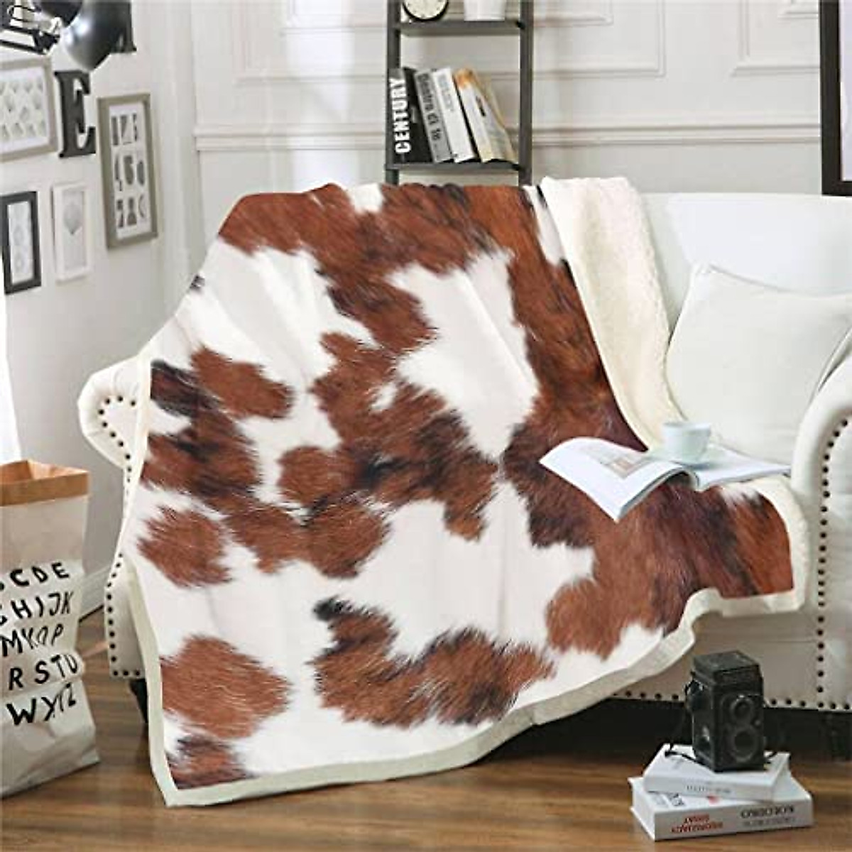 Brown White Cow Skin Print Blanket Soft Sherpa Fleece Farm Animal Skin Fur Throw Blankets Cows Pattern Blanket for Couch Sofa Blanket Stitching Blanket 40x50 Inch