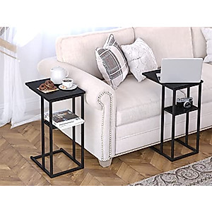 Yusong C Shaped End Table, Small Side Tables Slide Under Sofa Couch Bed, Small TV Tray Bedside Table for Small Spaces, Living Room, Bedroom, Black
