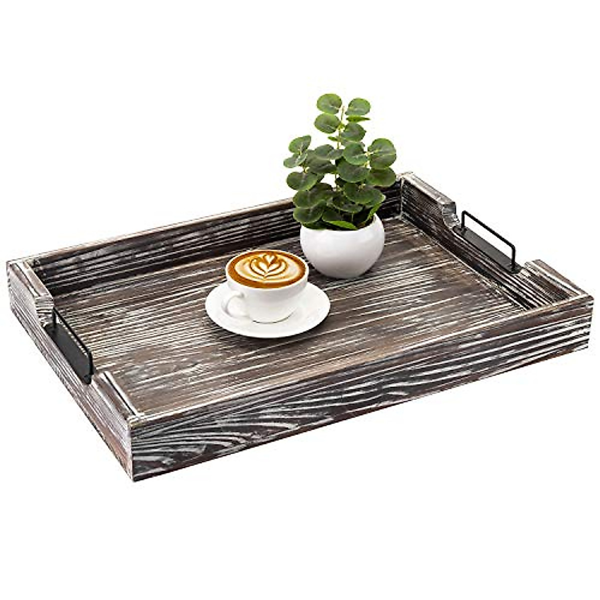 MyGift Torched Wood Large Serving Tray with Handles, 20 x 14 Ottoman Tray, Breakfast, Coffee Server Tray