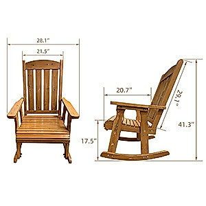 Wooden Rocking Chair with Comfortable Backrest Inclination, High Backrest and Deep Contoured Seat, Solid Fir Wood, Heavy Duty 600 LBS, for Both Outdoor and Indoor, Backyard, Porch and Patio
