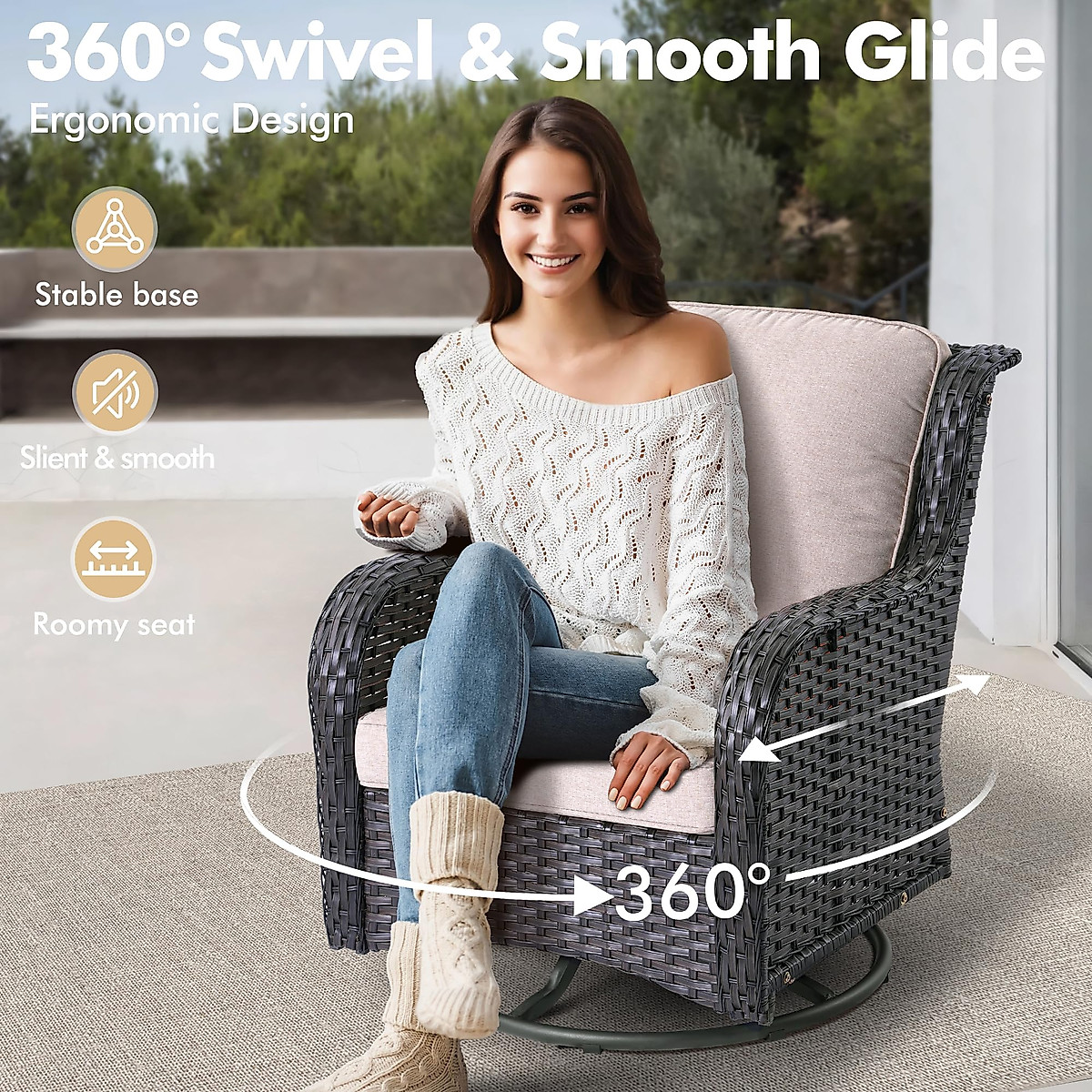 XIZZI Patio Furniture Set with Swivel Rocking Chairs,6 Pieces All Weather Wicker Outdoor Furniture with Sofa,High Back Patio Conversation Set for Balcony,Deck,and Backyard,Brown Rattan Beige