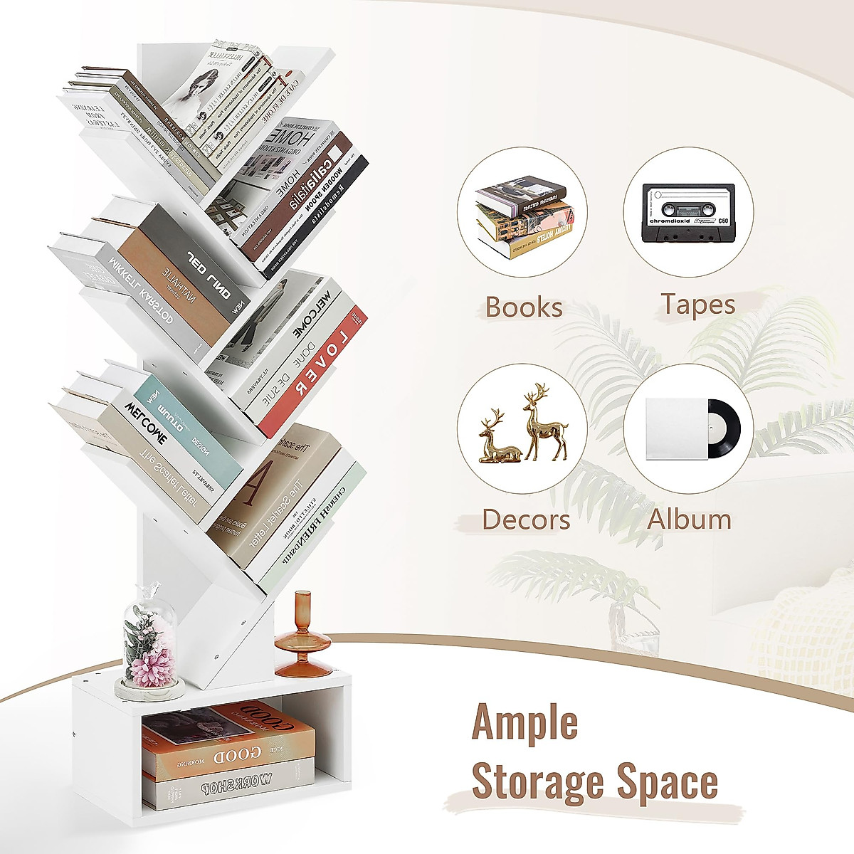 Hoctieon 6 Tier Tree Bookshelf, Tall Bookcase with Drawer, Freestanding Book shelf, Display Floor Standing Storage Shelf, Book Organizer Shelves for Home Office, Living Room, Bedroom, White