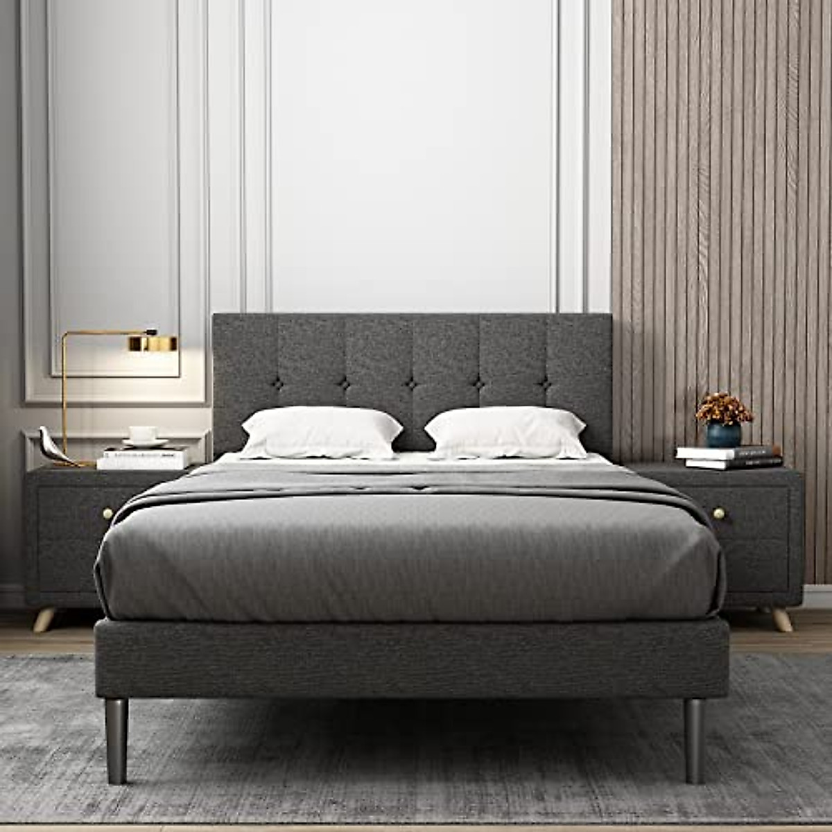 Full Size Fabric Modern Upholstered Platform Bed with Headboard, Heavy Duty Bed Frame with Wood Slat Support, No Box Spring Required, Easy Assembly, Dark Gray
