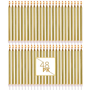 Bundaloo Gold Birthday Candles for Cake - Set of 48 Gold Candles for Birthday Cakes - with Plastic Holders, 5.5" Long, 0.20" Thickness