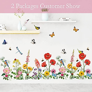 decalmile Garden Flower Wall Stickers Birds Butterflies Poppy Flower Wall Decals Baby Nursery Kids Bedroom Living Room Wall Decor