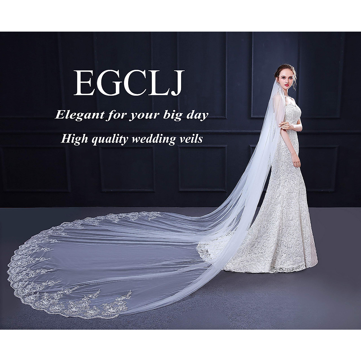 Wedding Veil Bridal Comb Veils Lace Appliques Long Ribbon Edge Cathedral Gift Length 118inch White Hair Pins Barrettes Gift Headband