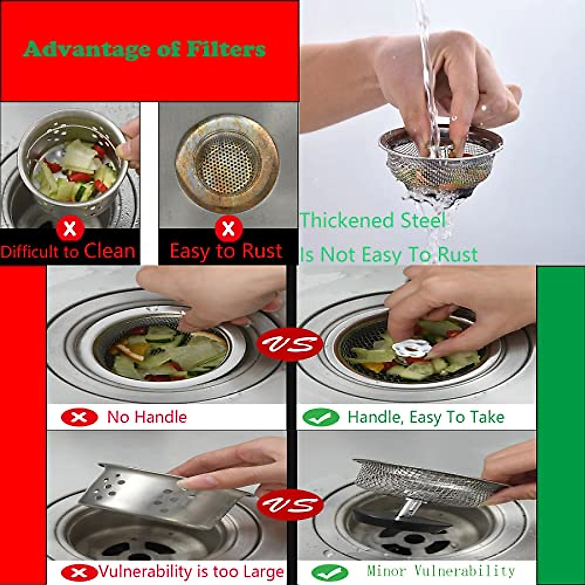 Wjjsahi Kitchen Sink Strainer, 2 Pack Stainless Steel Sink Drain Basket With Handle Sink Stopper Suitable for Bathroom Kitchen, Sink Drain Strainer