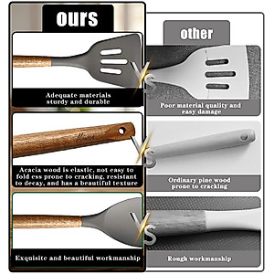 Miusco Non-Stick Silicone Kitchen Utensils Set with Natural Acacia Hard Wood Handle, 5 Pieces, Grey, BPA Free, Baking, Serving and Cooking Utensils