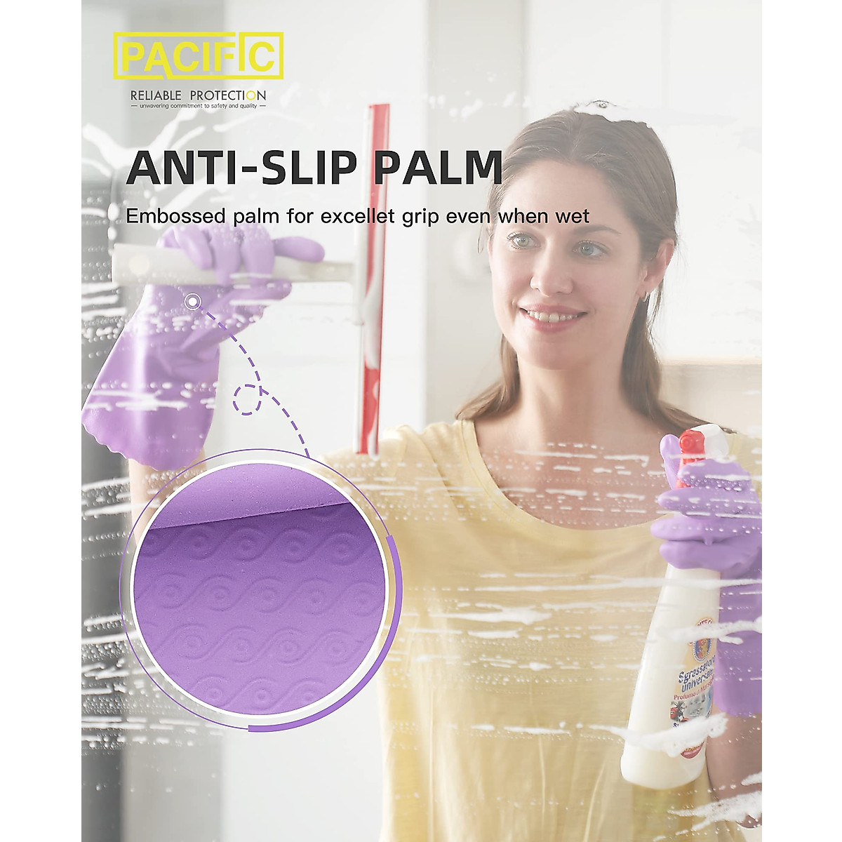 PACIFIC PPE 4 Pairs Reusable Dishwashing Cleaning Gloves with Latex Free, Cotton Lining, Kitchen Gloves, Purple, Small