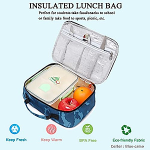 Octsky Kids Backpack for School Girls Boys Backpack with Lunch Box Set Elementary High School Book Bag Backpack for Teens Camo Shark Blue