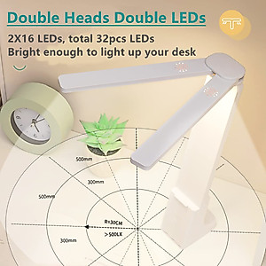 LuxLumin LED Double Head Desk Lamp for Home Office,Portable Small Desk Lamp with Large Lighting Range, Battery Operated Rechargeable Desk Light for Kids,Reading,Studying,Home,Office,Dormitory,White