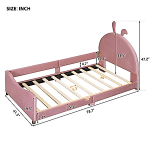Twin Size Upholstered Daybed Bed Frame for Boys Girls Kids Toddler with Rabbit Ear Shaped Headboard, Pink