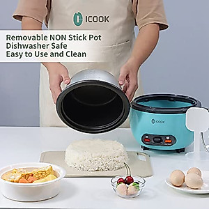 ICOOK 3-Cup Uncooked 6-Cup Cooked Blue Rice Cooker 0.6L Grains,Oatmeal,Cereals Cooker,Rice Warmer Steamer,Small Mini Rice Cooker,Removable Nonstick Pot,Full View Glass Lid,Blue