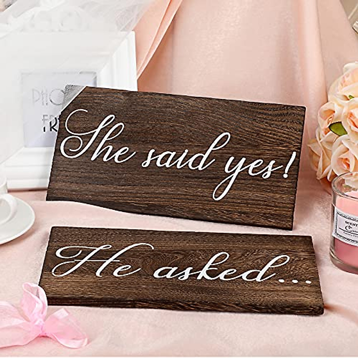 Blulu 2 Pieces He Asked She Said Yes Wall Decor Wood Hanging Engagement Decor Rustic Couple Wall Art Handmade Engagement Wedding Signs Announcement Keepsake Photo Prop Sign for Engagement Party Decor