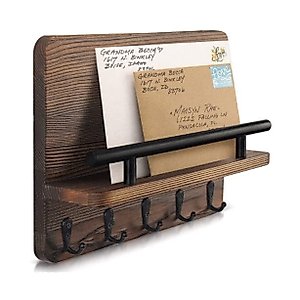 Rustic Wooden Shelf for Key Storage, Decorative Key Hanging Rack with 4 Double Hooks, Easy Install Natural Wooden Key and Mail Holder for Wall Mount – Entryway Decor