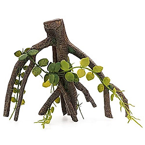HRRIVE Reptile Corner Climbing Branch with Plant Leaves Terrarium Habitat Decoration for Bearded Dragon Lizard Snake Hermit Crab Crested Gecko Leopard Chameleon Frog Climbing Accessory