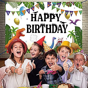 Watercolor Dinosaur Happy Birthday Banner Backdrop, 73'' x 43'' Jungle Theme Dinosaur Birthday Party Decoration Supplies Photography Background for Boys