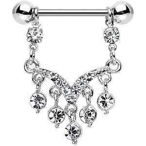 Body Candy Stainless Steel Clear Ornate V Dangle Nipple Ring Set of 2