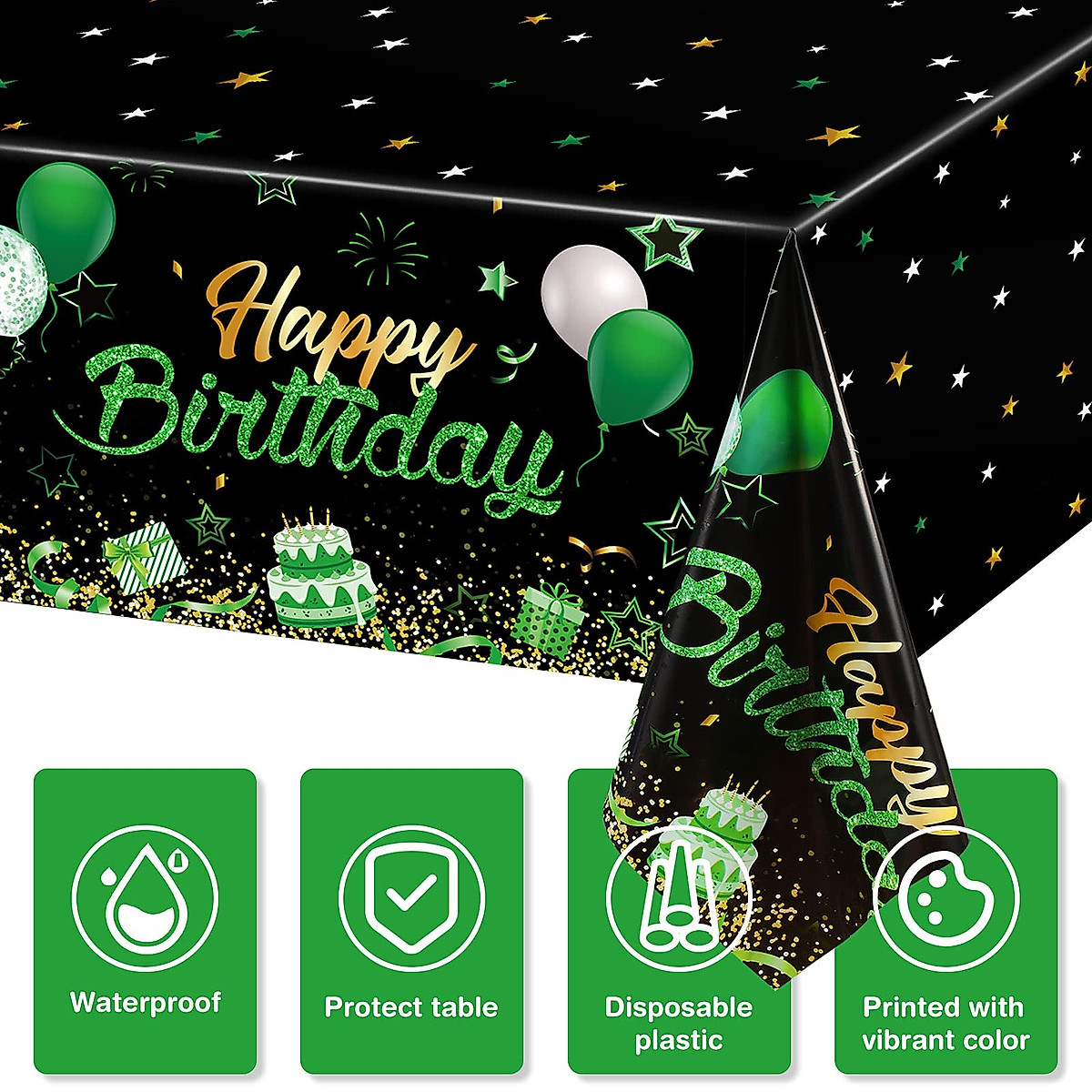 Breling 3 Pack Birthday Party Supplies Confetti Sprinkles Happy Birthday Tablecloths Starry Table Covers for Kids Adults Birthday Party Decorations, 54 x 108 Inches (Green and Black)