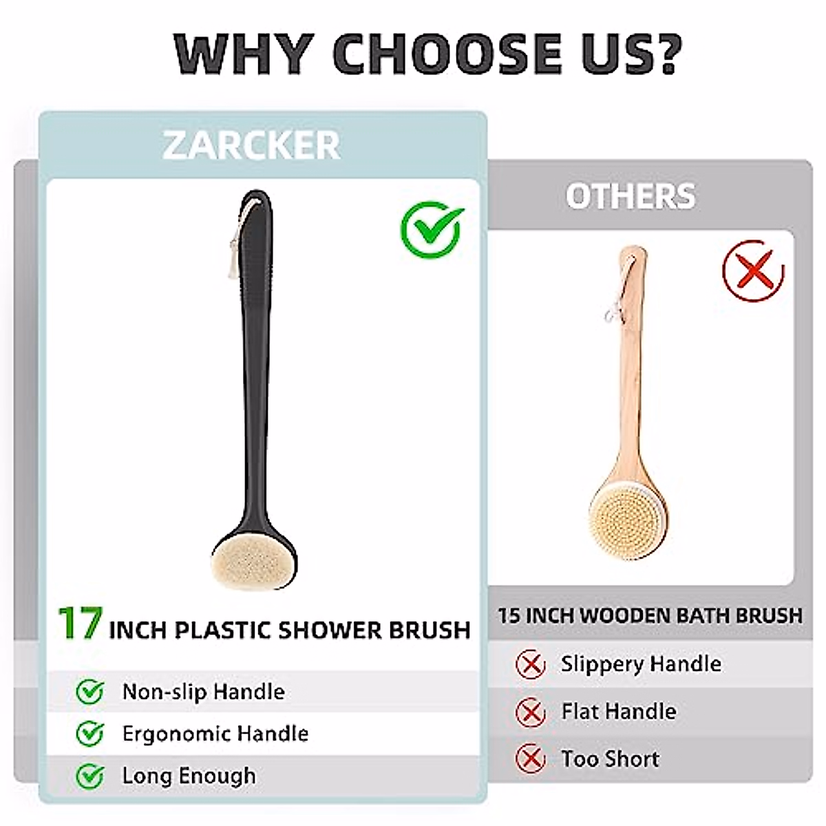 ZARCKER Long-Handled Shower Back Scrubber Brush, 17 Inch, Black, Deep Cleansing, Gentle Exfoliation