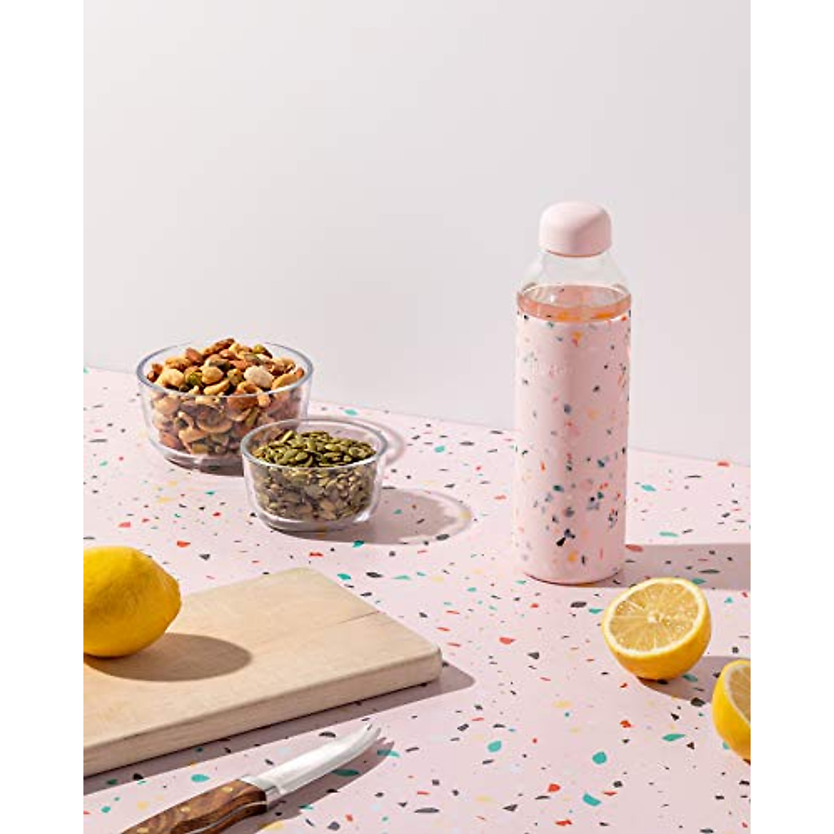 W&P Porter Glass Water Bottle w/ Protective Silicone Sleeve | Terrazzo Blush 20 Ounces | On-the-Go | Reusable Bottle for Coffee, Tea and Water | Portable