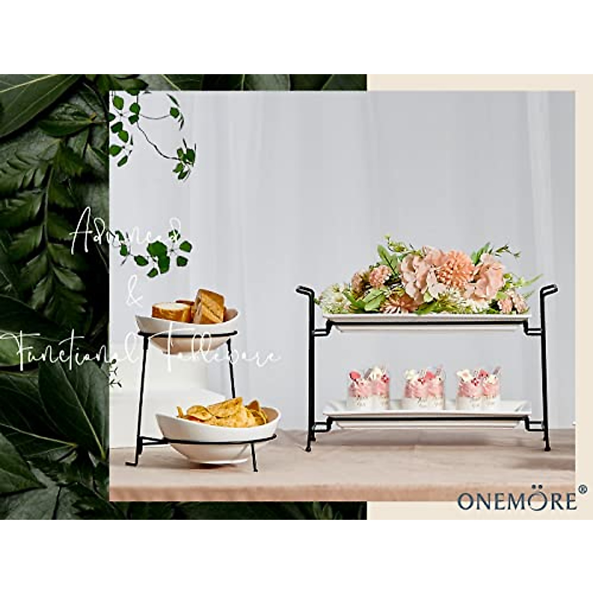 ONEMORE 2-Tier Serving Tray, Collapsible Food Display Stand with Microwave Freezer and Oven Safe Rectangular Ceramic Platters Perfect for Indoor/Outdoor Celebrations and Parties - Bright White