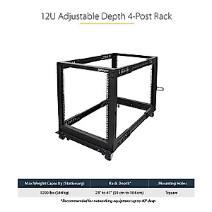 StarTech.com 4-Post 12U Mobile Open Frame Server Rack, 19in Network Rack with Wheels, Rolling Rack for Computer/AV/Data/IT Equipment - Casters, Leveling Feet or Floor Mounting (4POSTRACK12U)
