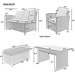 GODAFA 6-Piece Wicker Outdoor Patio Furniture Set-Featuring All-Weather PE Rattan Conversation Sectional Sofa, Dining Table, Chair, and Bench with Cushions for Backyard, Porch, and Poolside, 1, Beige