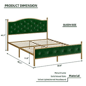 Senfot Queen Size Bed Frame Upholstered Platform Bed with Velvet and Button Tufted Headboard, Heavy Duty Metal Mattress Foundation and Wood Slats No Box Needed for Bedroom in Gold and Green