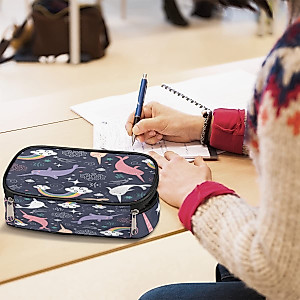 GzLeyigou Narwhal and Rainbow Pencil Case Pen Holder Large Capacity Stationery Organizer Pen Bag with Zipper Pencil Pouch Makeup Brush Bag for Adult Teen Boy Girls Students School College Work Office