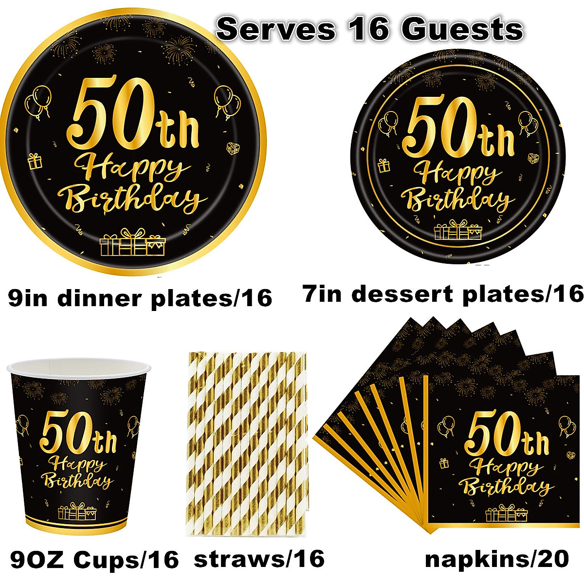 50th Birthday Party Supplies, 50th Birthday Party Tableware Include 50th Birthday Party Plates, Napkins, Cups Straws for Men and Women 50th Birthday Party Decorations Serves 16 Guests