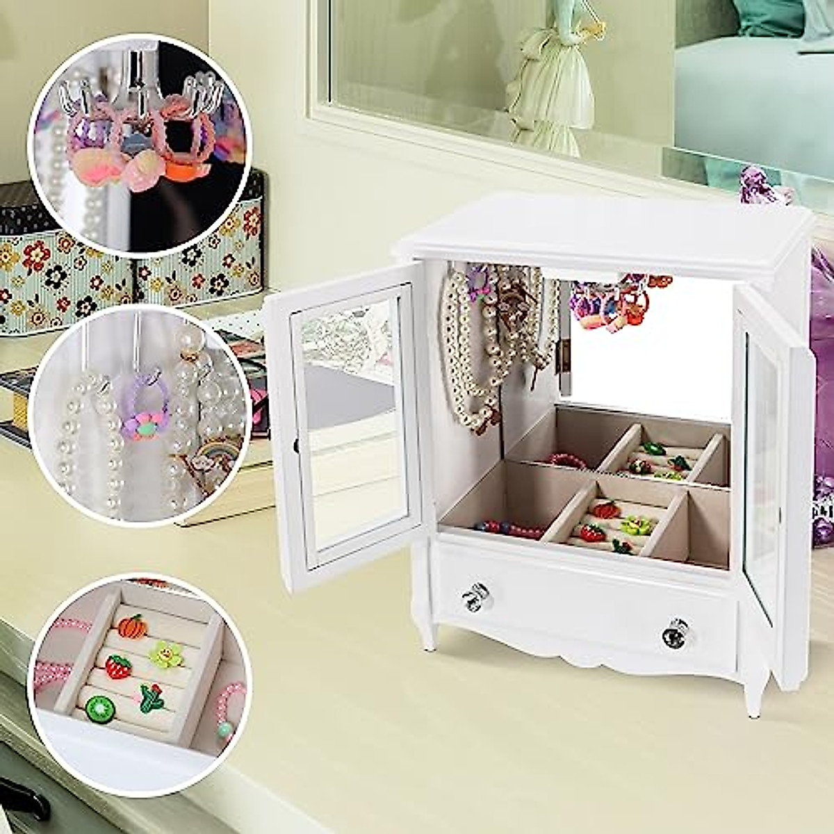 TIMLOG Jewelry Box with Makeup Mirror Wardrobe Style, Wooden Jewelry Box for Girls, Solid Jewelry Organizer, Wood Jewelry Case with Mirror for Necklaces, Earring, Rings, White