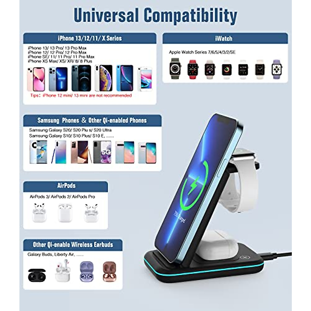 MoKo 15W Qi Fast Charging Station, 3 in 1 Wireless Charger Stand Foldable Charger Dock Compatible with iPhone 13/12/SE/Pro/11/XS/XR/X/AirPods 3/2/Pro/Apple Watch SE/7/6/5/4/3/2/Samsung Galaxy, Black