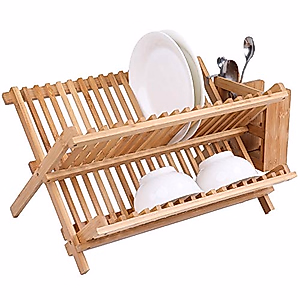 Lawei Bamboo Dish Drying Rack with Utensil Holder - Collapsible Dish Drainer Foldable Dish Rack Bamboo Plate Rack for Plates, Cups, Mugs, Utensil, Flatwares