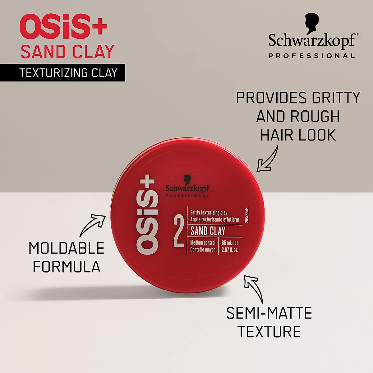 OSiS+ Sand Clay – Gritty Texturizing Clay with a Rough Semi-Matte Finish – Pliable, Moldable Styling Paste with Kaolin for Rugged Looks with a Natural Dry Feel, 2.87 oz