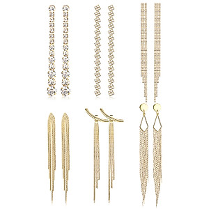 THUNARAZ 6Pairs Long Earrings for Women Dangling Drop Hypoallergenic Rhinestone Crystal Simple Sleek Statement Earrings in Gold or Silver Tone- Safe for Sensitive Ear
