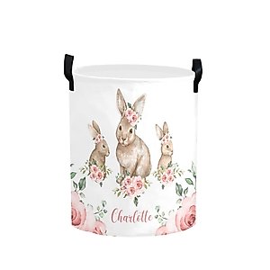Personalized Laundry Basket Hamper,Floral Bunny Rabbit,Collapsible Storage Baskets with Handles for Kids Room,Clothes, Nursery Decor