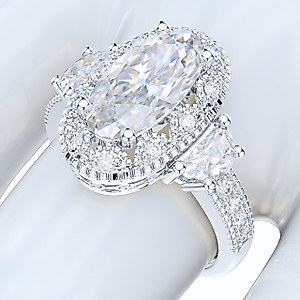 PRSTANI Sterling Silver Vintage Milgrain 3CT Simulated Oval Cut & Half Moon Stone Diamond Halo Engagement Ring (9)