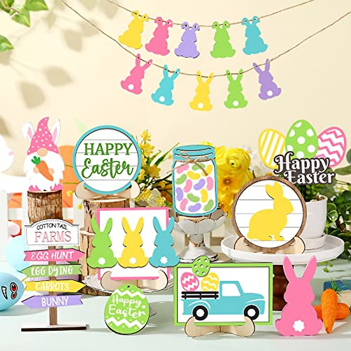 20 Pieces Easter Tiered Tray Decor Easter Decorations Rustic Easter Decor Gnome Bunny Rabbits Eggs Wooden Spring Sign Decorative Trays Signs for Home Table Office Kitchen Farmhouse Party Tabletop